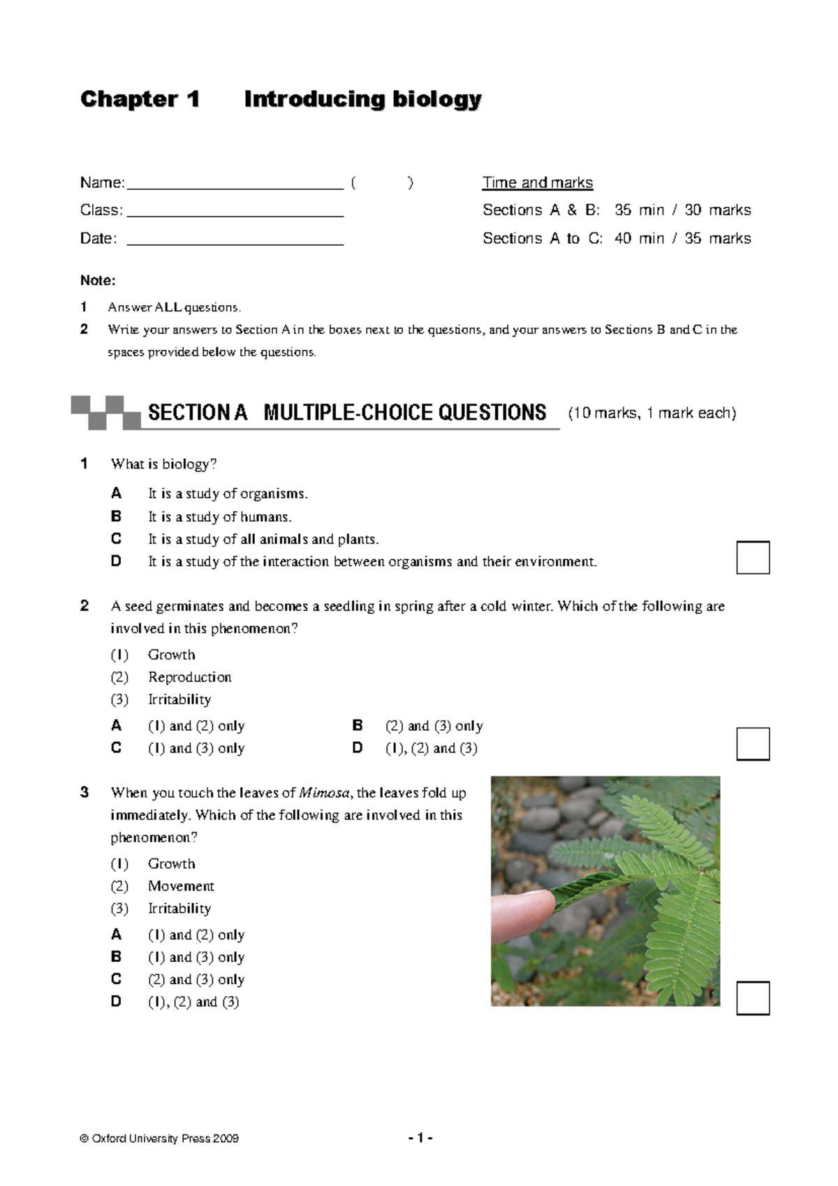 Test 1A ch01 e Introducing biology - Name: - Studocu