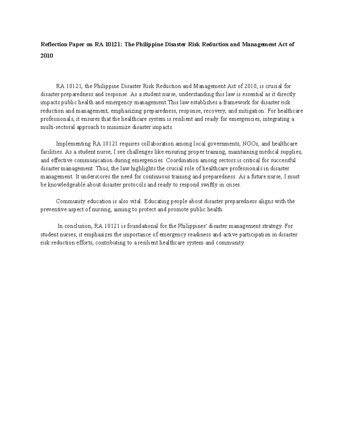 Reflection Paper on RA 10121 - Reflection Paper on RA 10121: The ...