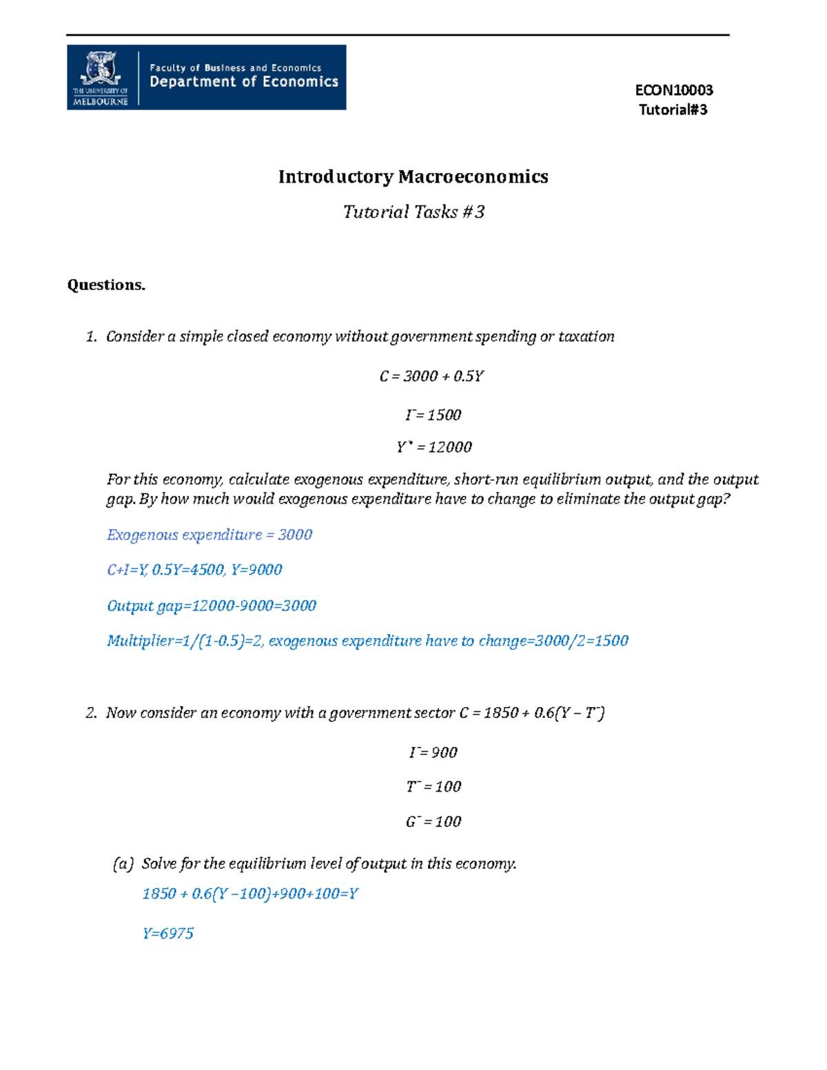 Tutorial Tasks 3 Introductory Macroeconomics Tutorial Tasks Questions Consider A Simple 6765