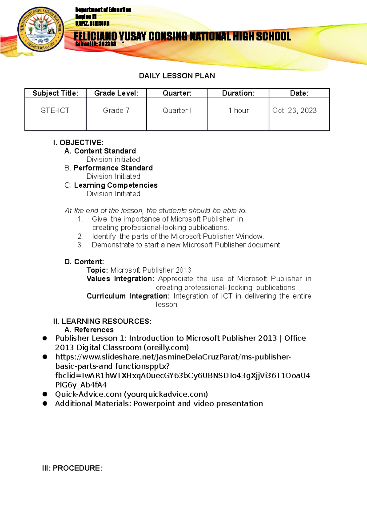 COT Lesson PLAN First Quarter final copy - DAILY LESSON PLAN Subject ...