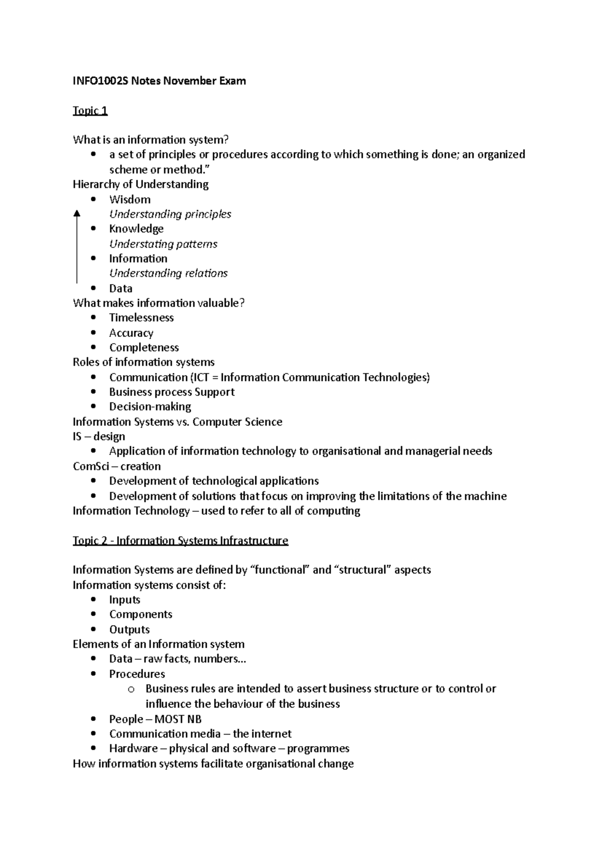 Infos Notes Summary Information Systems 1 Info1002s Notes November Exam Topic 1 What Is An