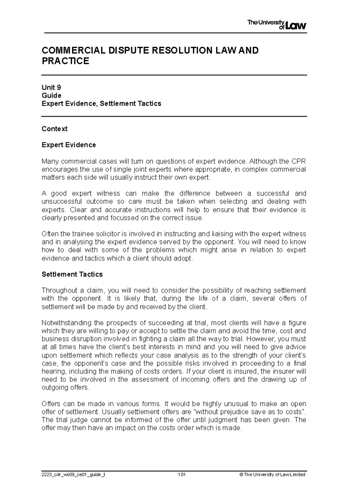 2223 cdr ws09 ce01 guide t - COMMERCIAL DISPUTE RESOLUTION LAW AND PRACTICE Unit 9 Guide Expert ...