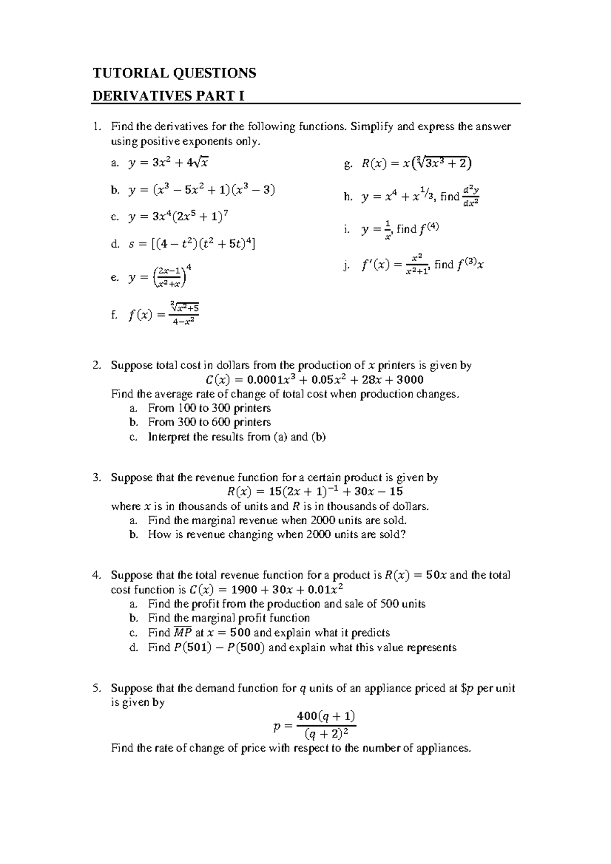 Tut 06 - Derivatives I mathematics - TUTORIAL QUESTIONS DERIVATIVES ...