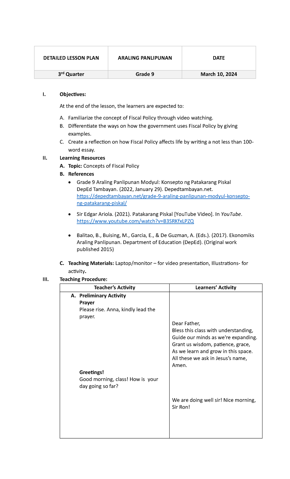 Detailed Lesson Plan - AP - DETAILED LESSON PLAN ARALING PANLIPUNAN ...