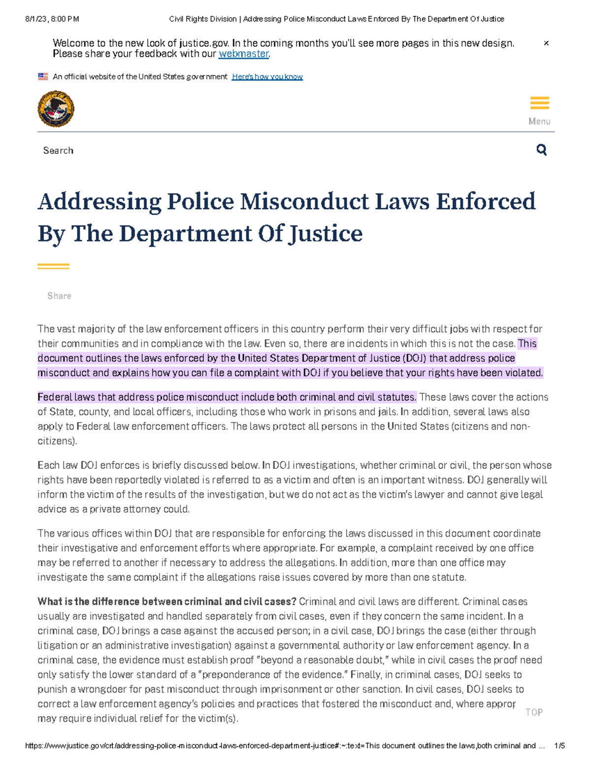 Civil Rights Division Addressing Police Misconduct Laws Enforced By The ...