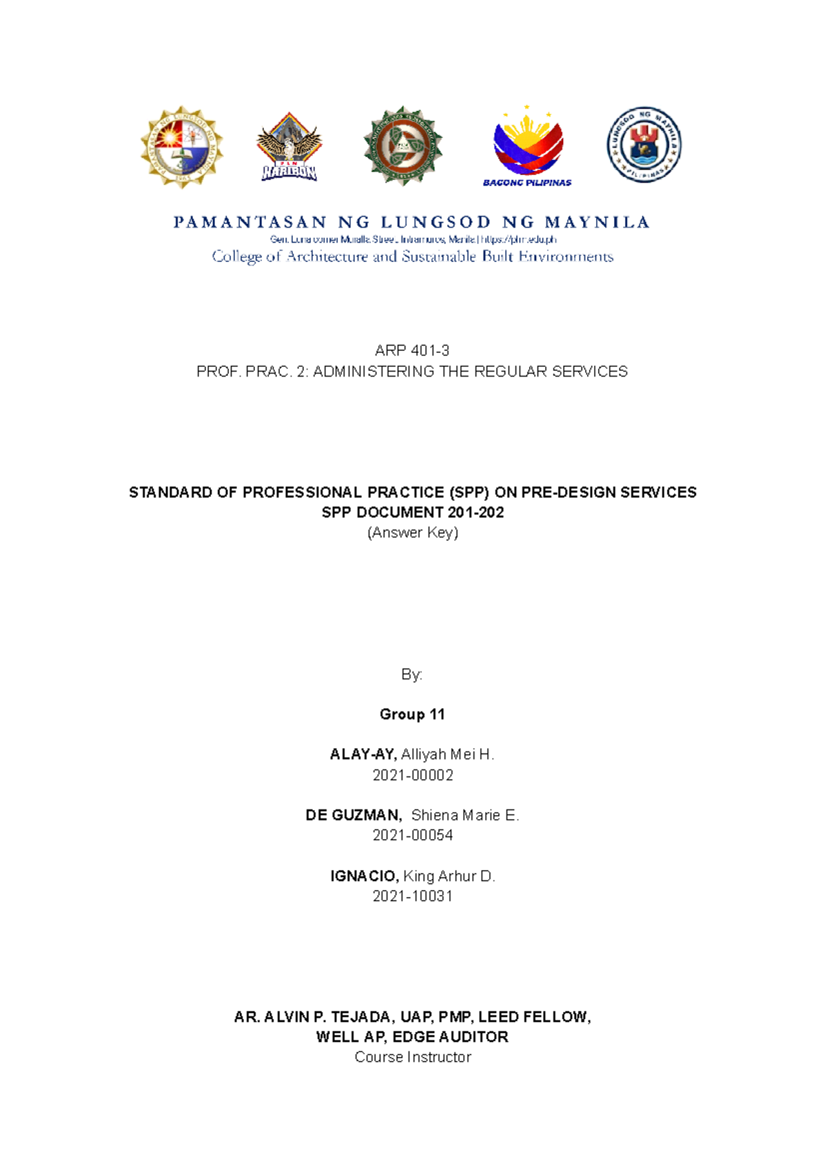 G11 Answer KEY (ARP 401-3) - ARP 401- PROF. PRAC. 2: ADMINISTERING THE ...