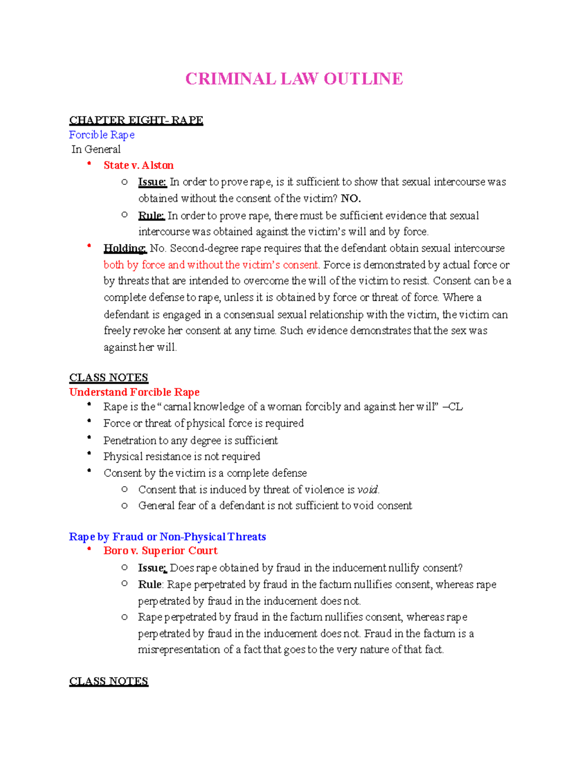 Chapter Eight- RAPE - Criminal Law Spring 2021; Lecture Notes; Textbook ...