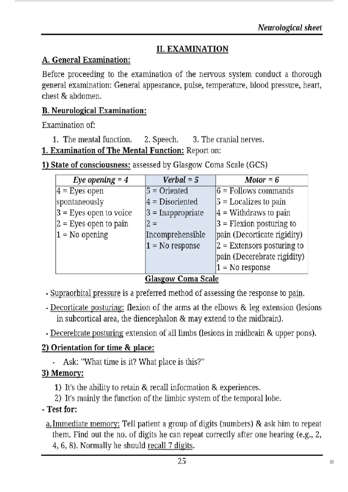 Neurological sheet examination - central nervous system - Studocu