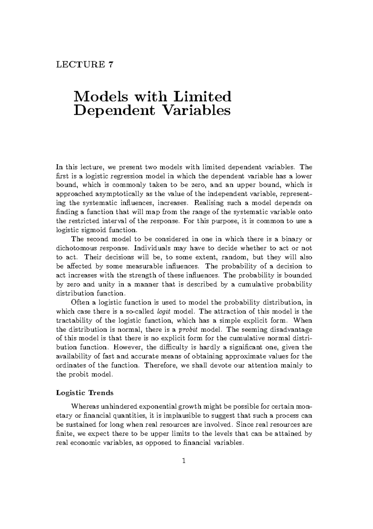 Models With Limited Dependent Variables Lecture Notes 7 Lecture 7