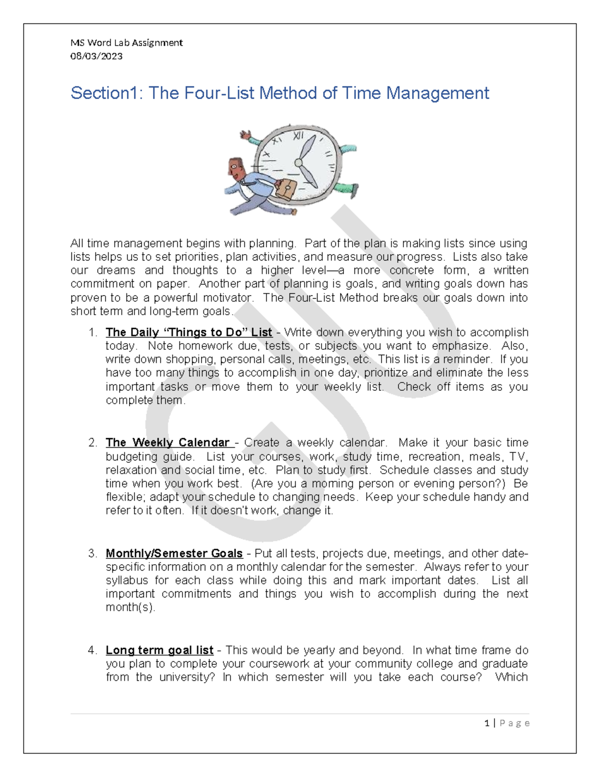 CS MS Word - CS Lab - 08/03/ Section1: The Four-List Method of Time ...