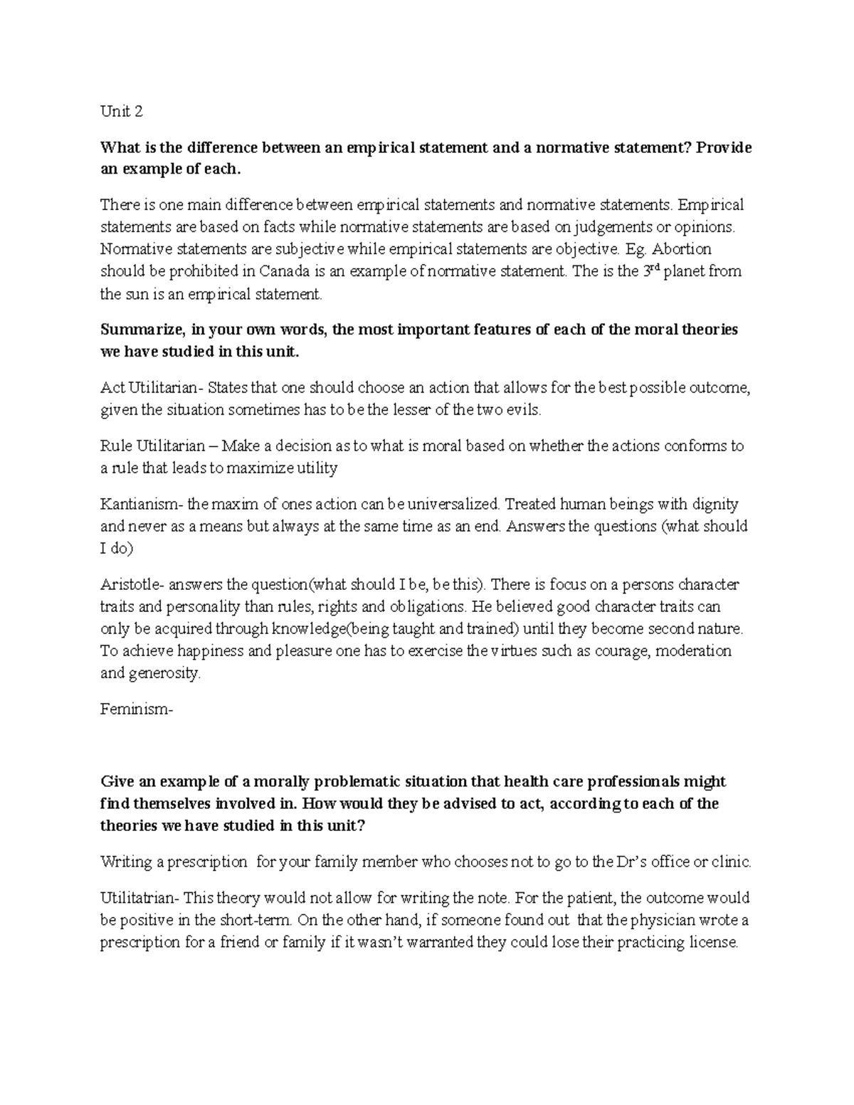 Unit 2 - Summary Biomedical Ethics - Unit 2 What is the difference ...