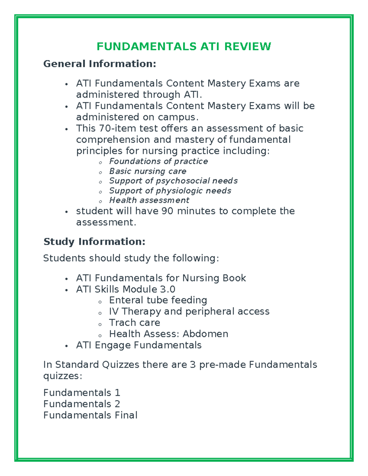 Fundamentals ATI Review - FUNDAMENTALS ATI REVIEW General Information ...