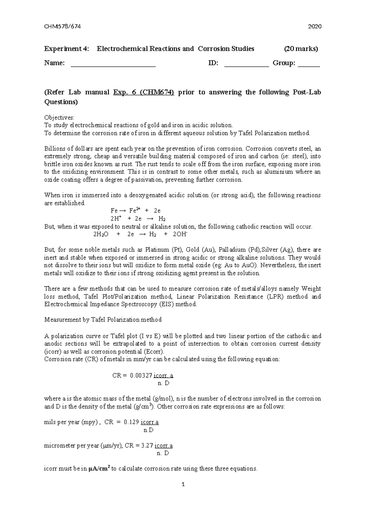 Experiment 4 Corrosion Rate - Tafel plot (Student Version) - Experiment ...