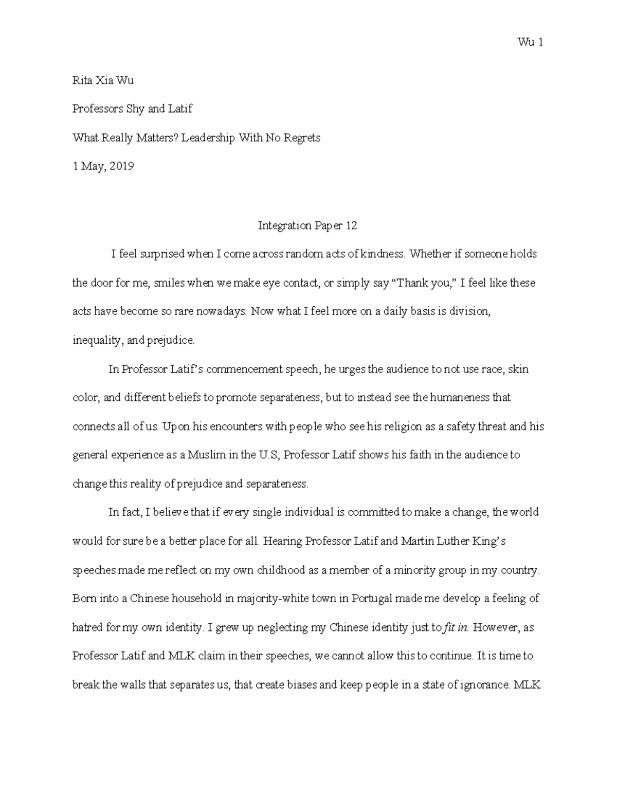 Integration Paper - Wu 1 Rita Xia Wu Professors Shy and Latif What ...