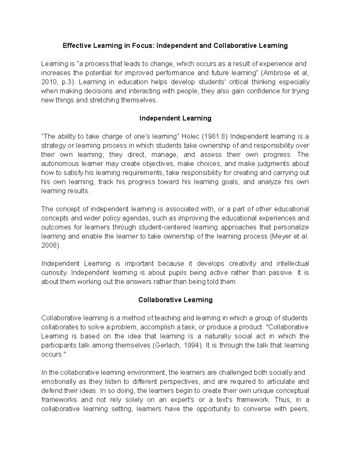 Educ 100 Effective Learning in Focus- Independent and Collaborative ...