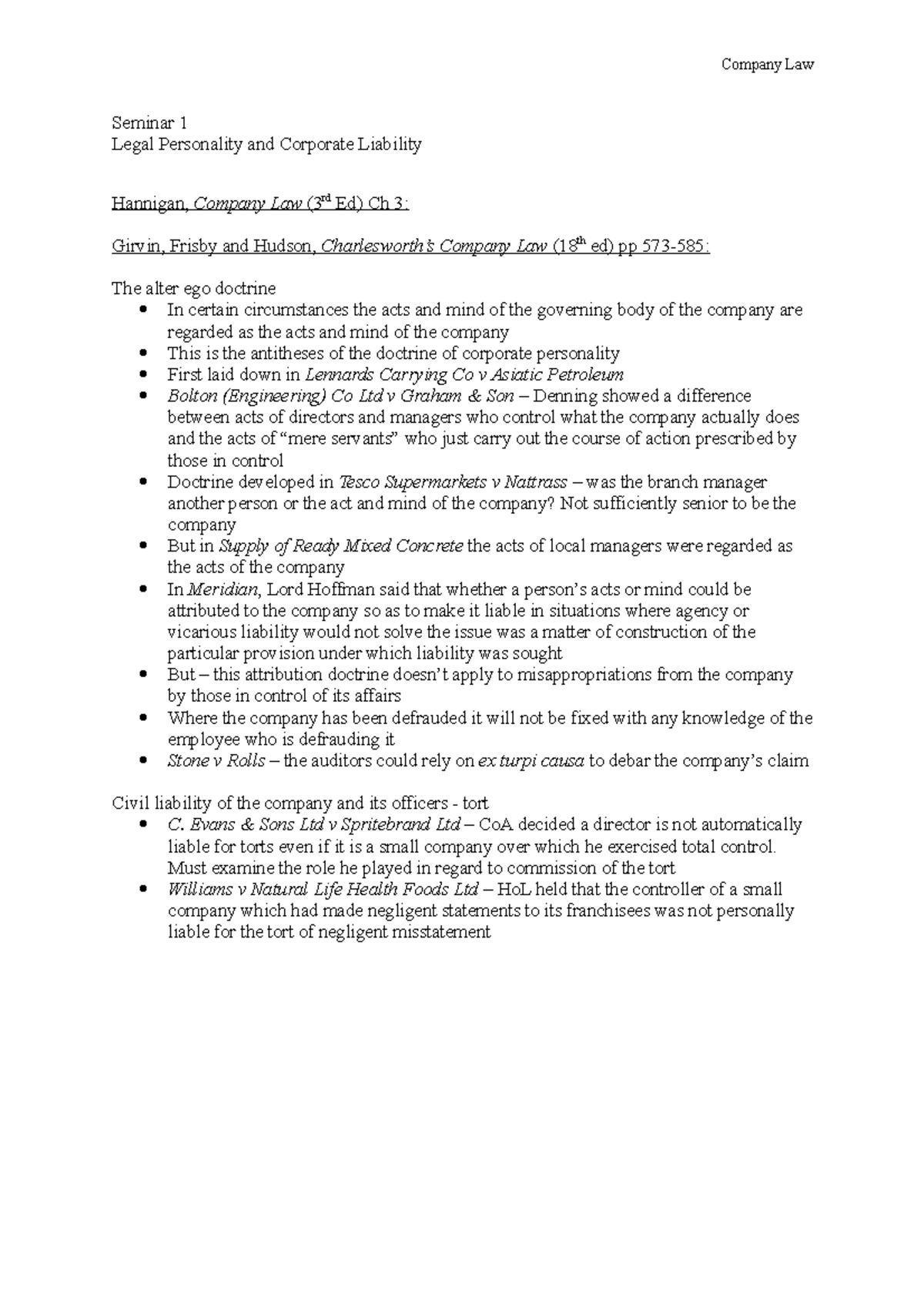 Seminar 1 company - Notes - Company Law Seminar 1 Legal Personality and ...