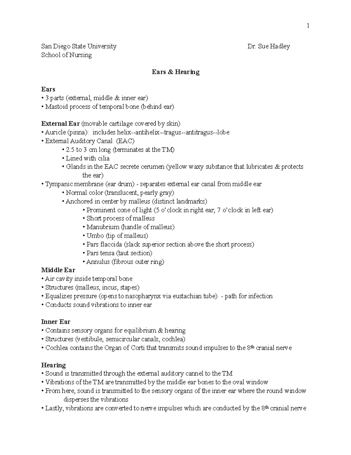 Lecture 10 Ears & Hearing - San Diego State University Dr. Sue Hadley ...