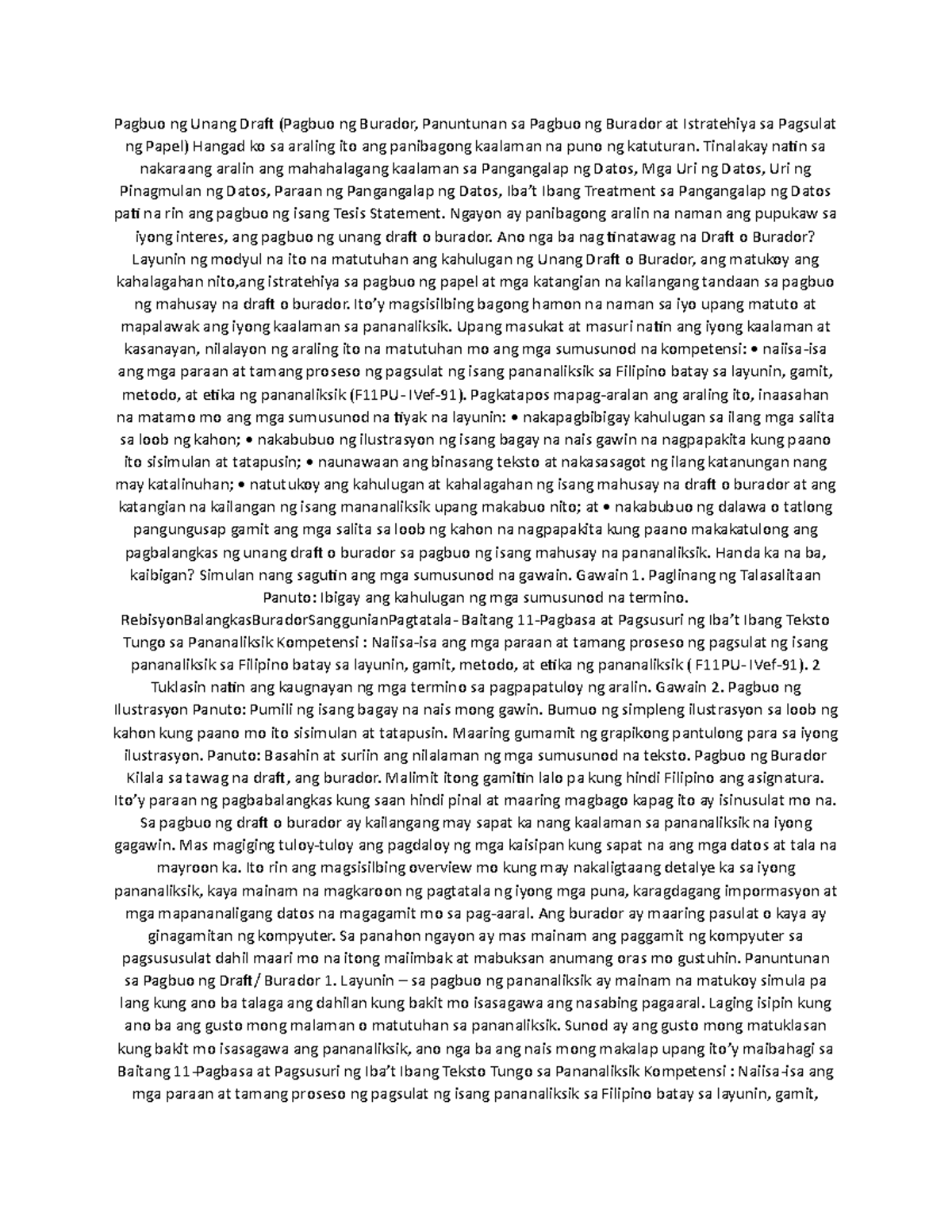 Proyekto SA Filipino - NOTES - Pagbuo ng Unang Draft (Pagbuo ng Burador ...