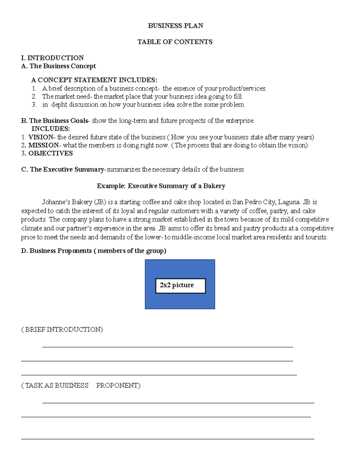 Business PLAN Format Grade 12 - BUSINESS PLAN TABLE OF CONTENTS I ...