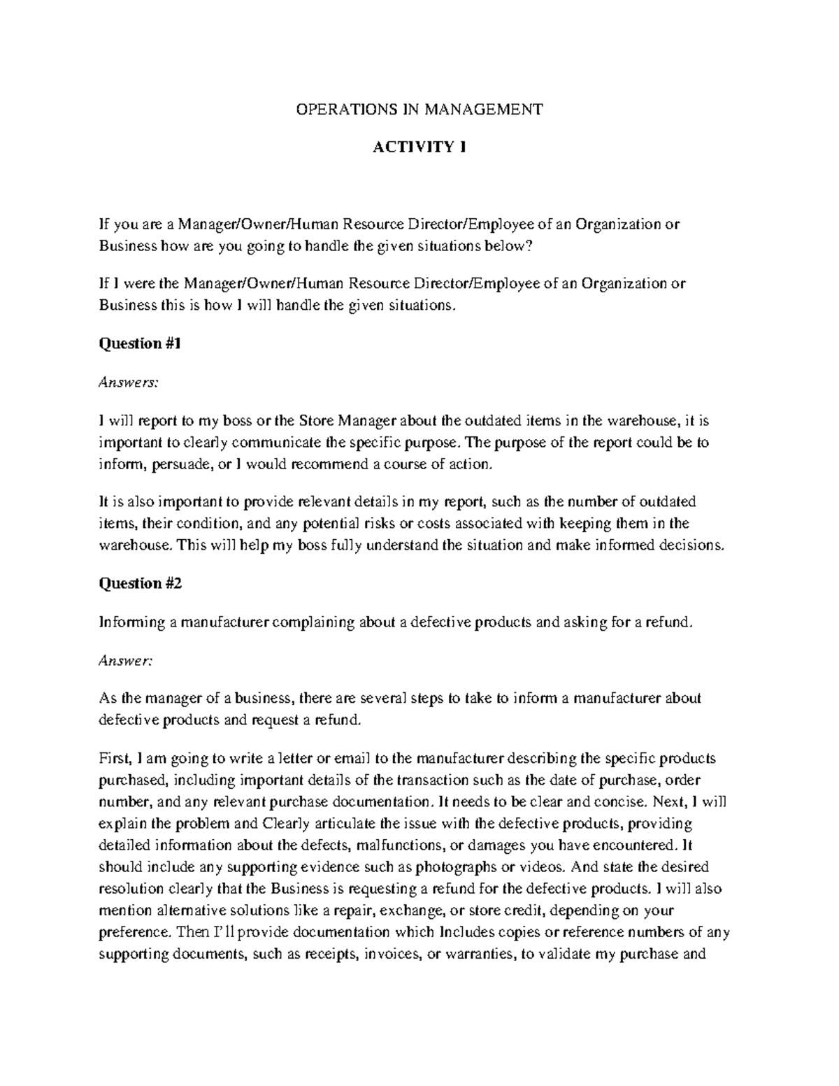 Operations Mgmt & TQM - Activity 1 - OPERATIONS IN MANAGEMENT ACTIVITY ...
