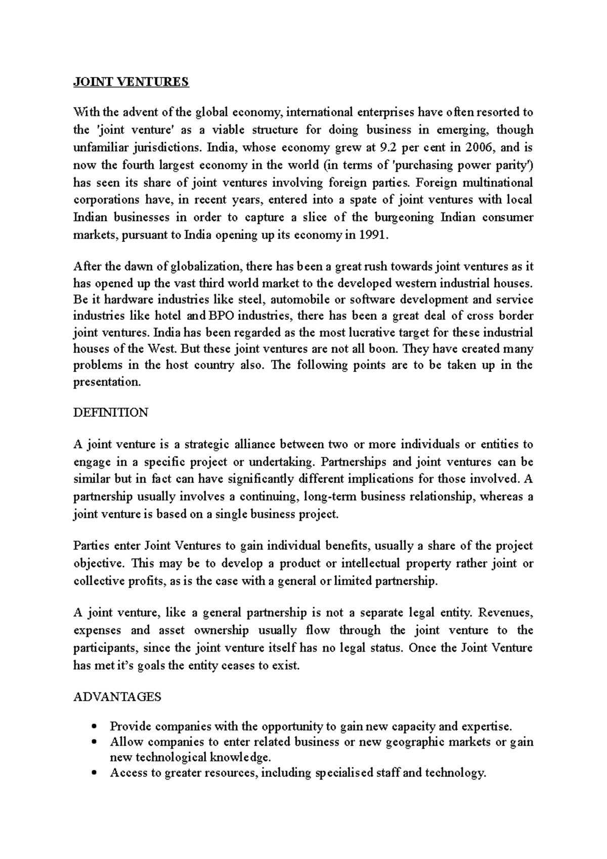 Joint Ventures - Business Environment - Studocu