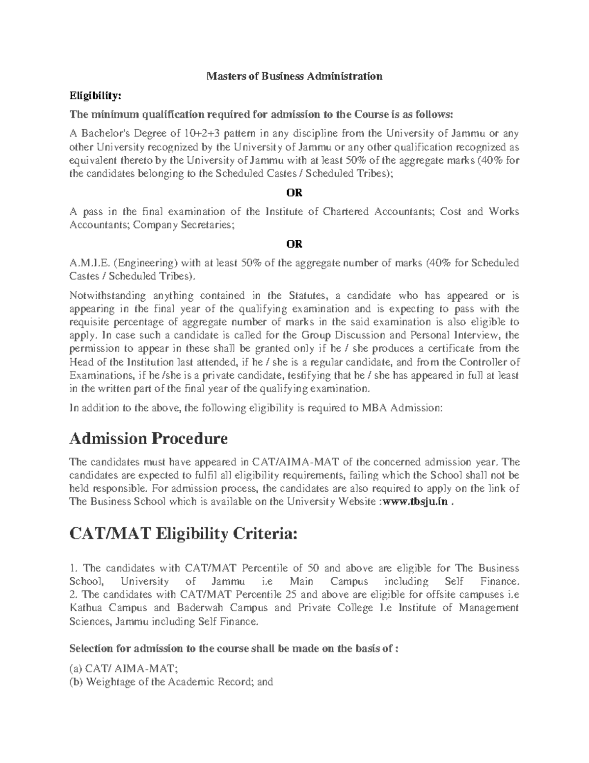MBA Eligibility 1 - Masters of Business Administration Eligibility: The ...