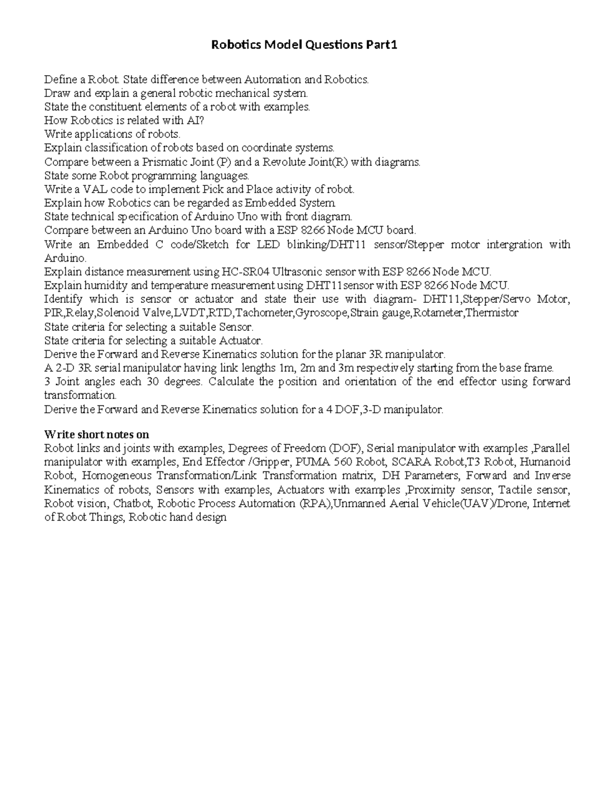 Robotics Model Questions 1 - State difference between Automation and Robotics. Draw and explain ...