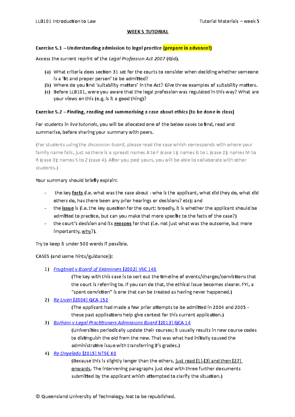 Week 5 Tutorial Activities - LLB101 Introduction to Law Tutorial Materials – week 5 WEEK 5 ...
