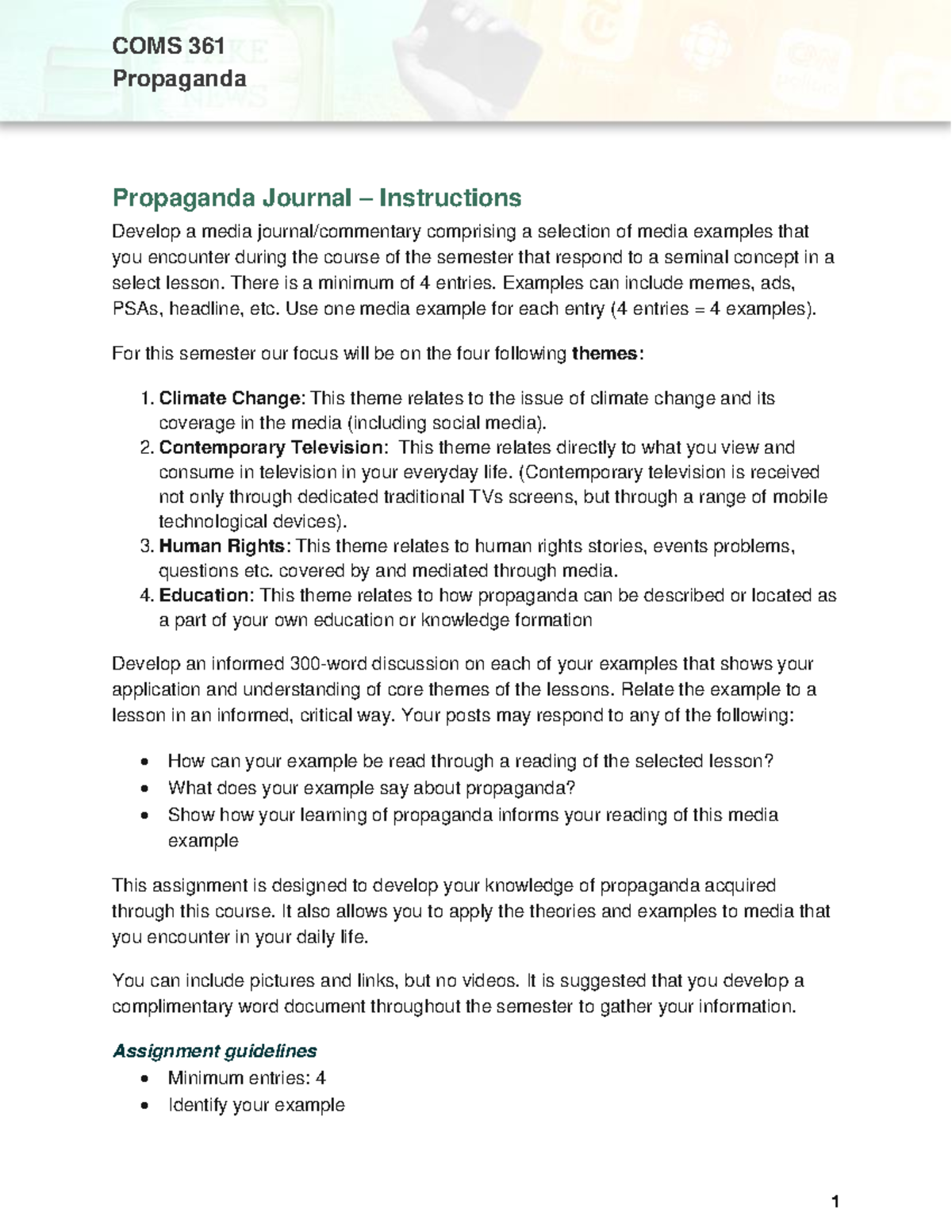 Propaganda Journal Instructions coms 361 - COMS 361 Propaganda 1 ...
