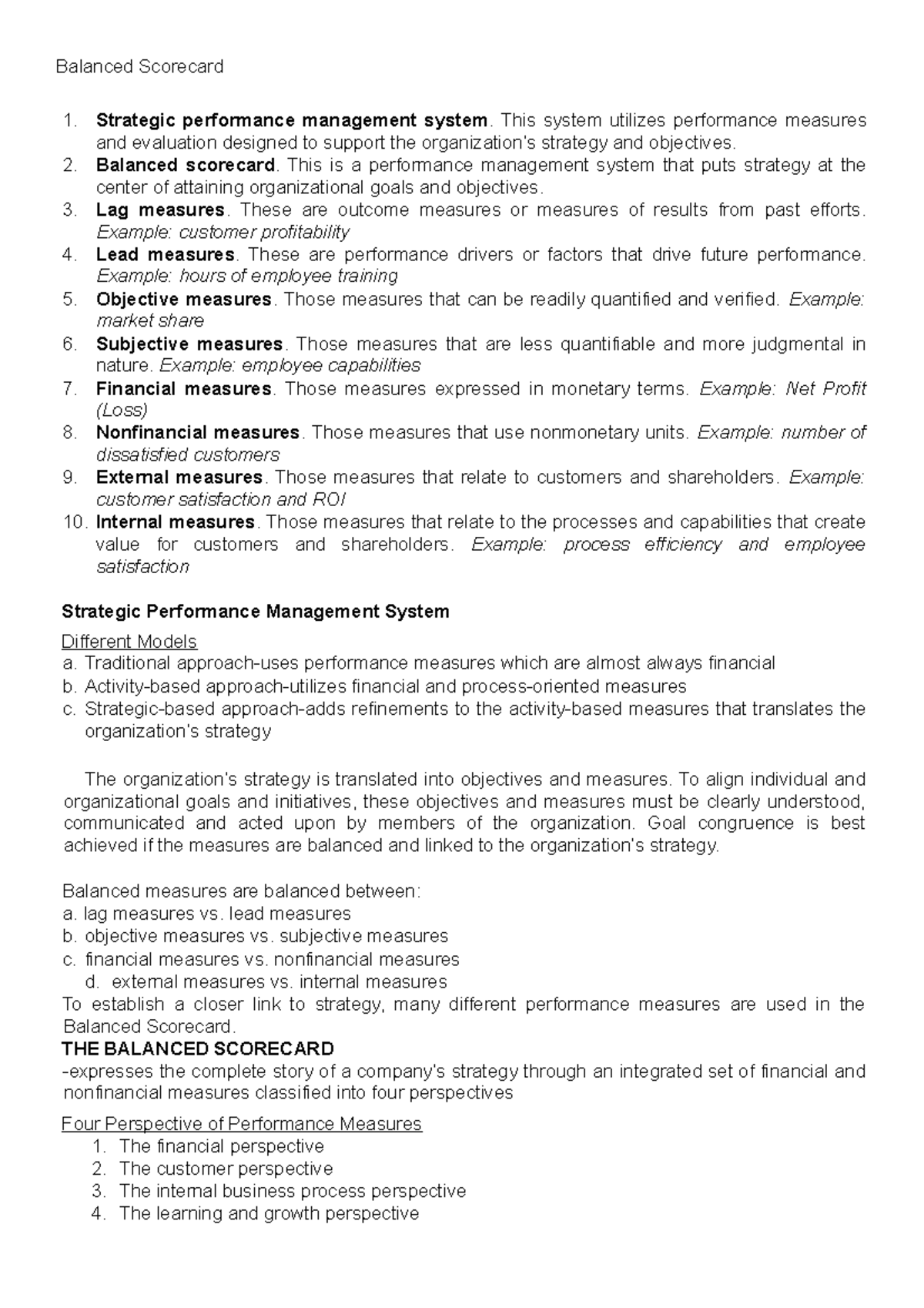 Week 5 strat - Study notes - Balanced Scorecard 1. Strategic ...