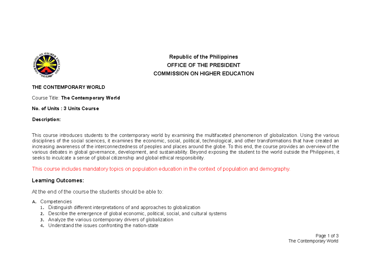 CHED Philippines Syllabus Course Title T word - Republic of the ...