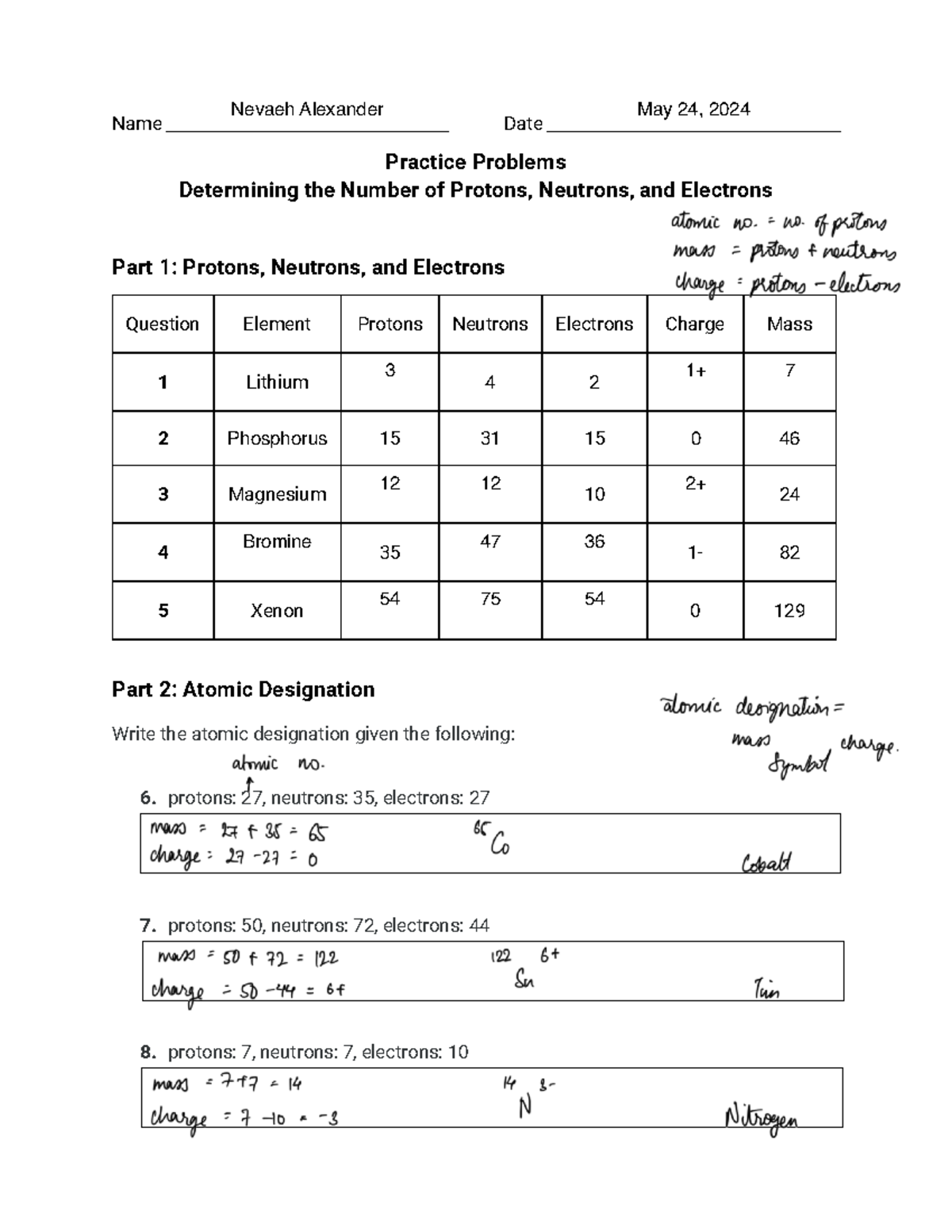 Practice Problems Determining the Number of Protons, Neutrons, and ...
