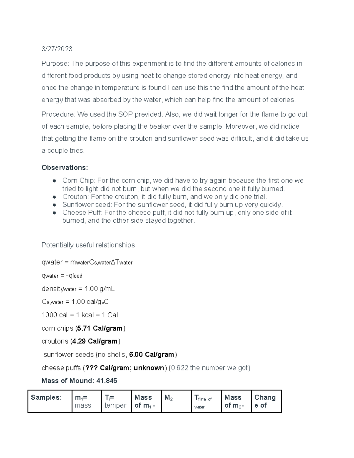 Chem Lab 3 27 2023 Data and Notes - 3/27/ Purpose: The purpose of this ...