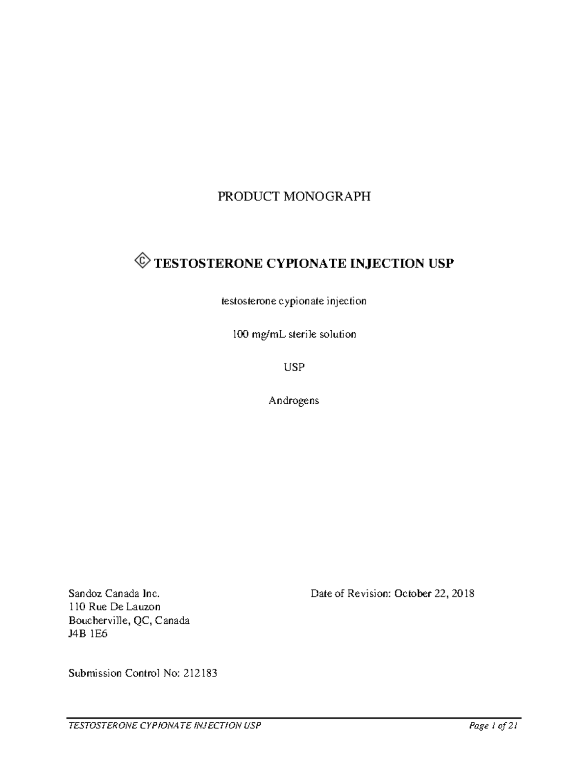 10033-Testosterone Cypionate Injection USP Product Monograph - PRODUCT ...