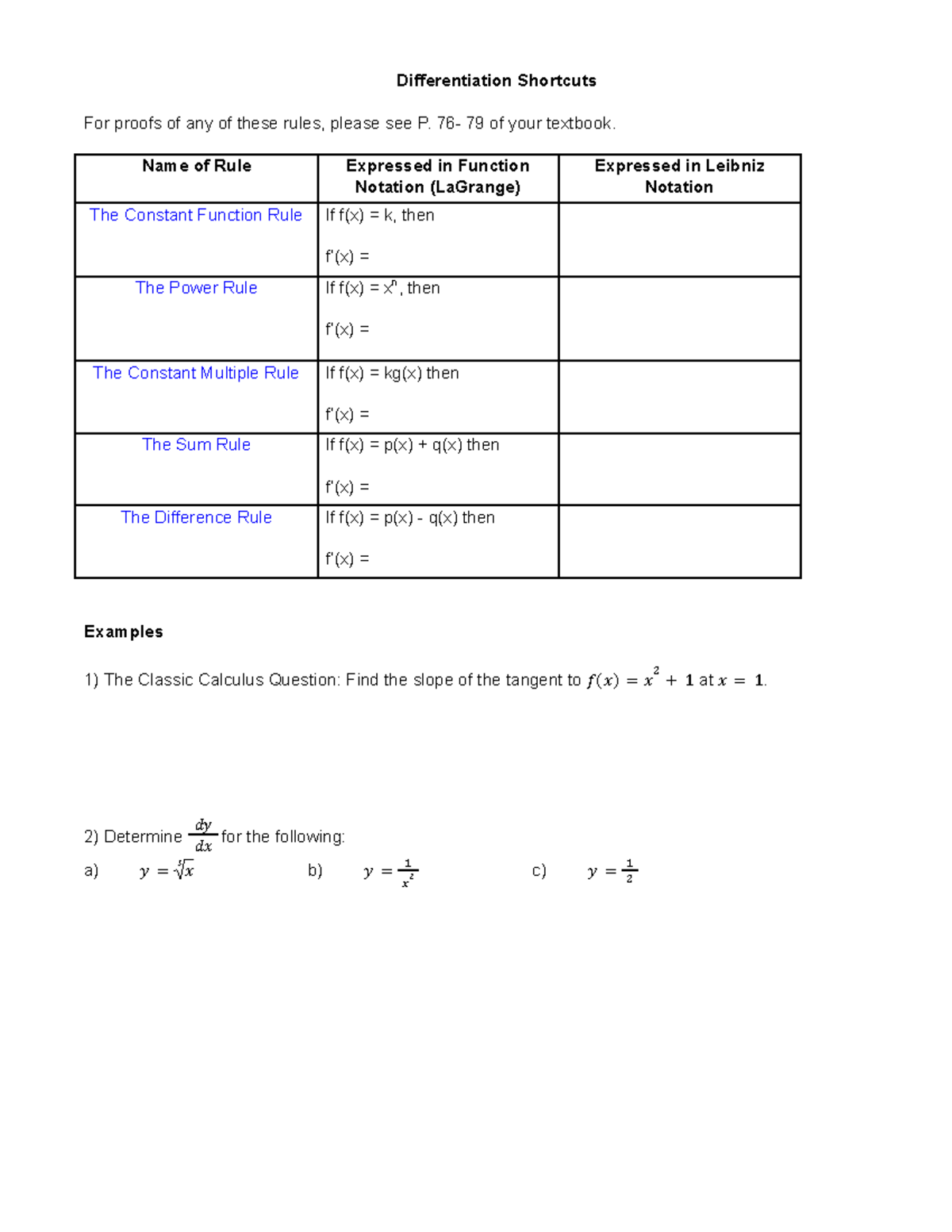 02A Differentiation Shortcuts - Differentiation Shortcuts For proofs of ...