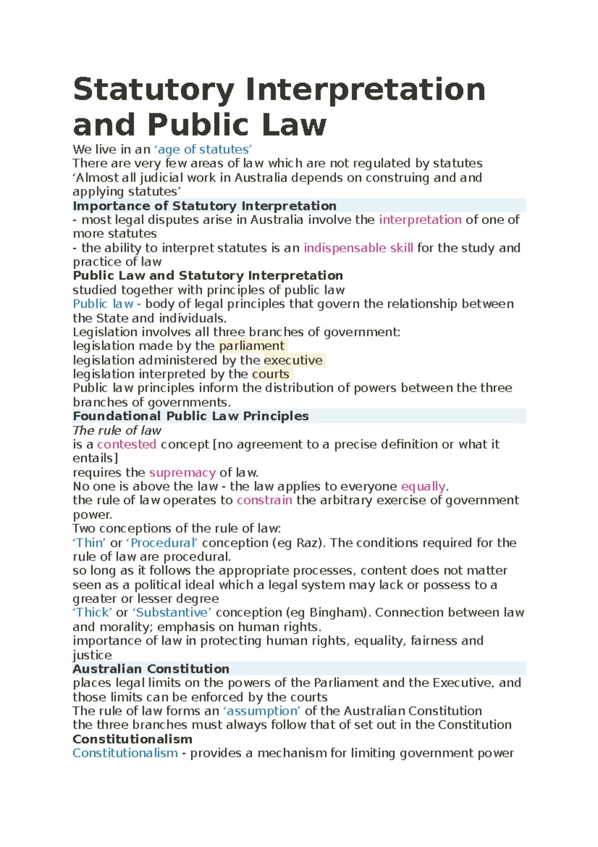 Weeks 1-3 study guide - Statutory Interpretation and Public Law We live ...