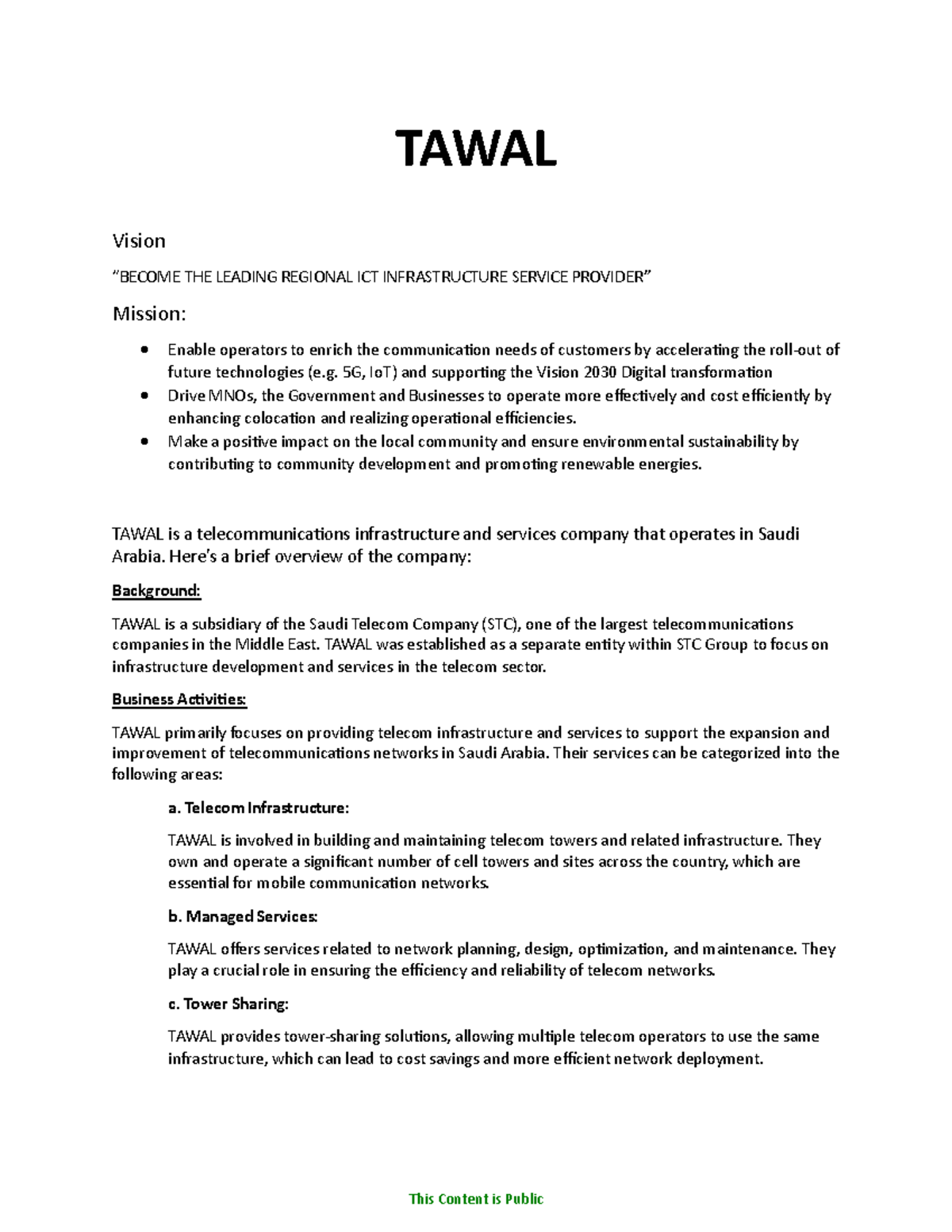 Tawal - This Content is Public TAWAL Vision “BECOME THE LEADING ...