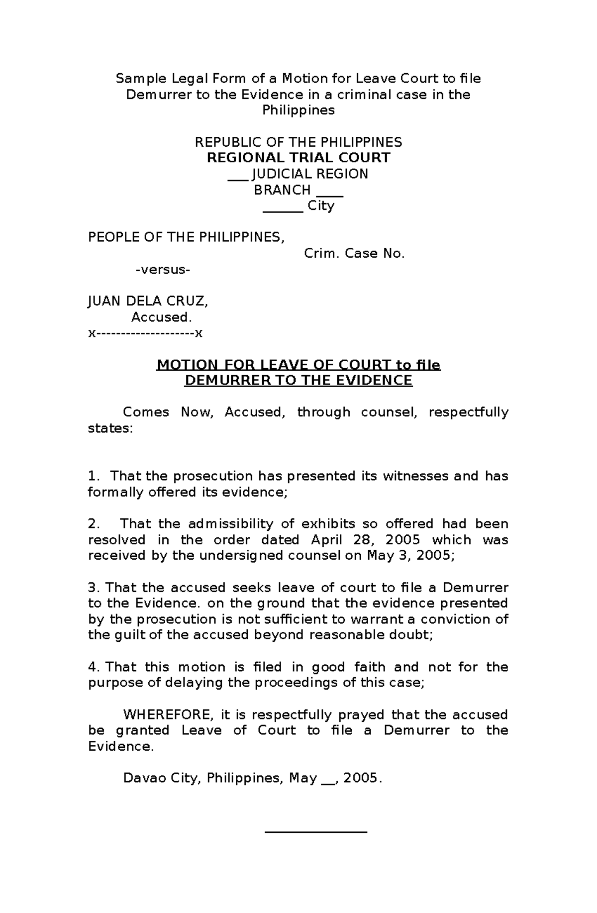 Demurrer to Evidence file with leave of court - Sample Legal Form of a ...