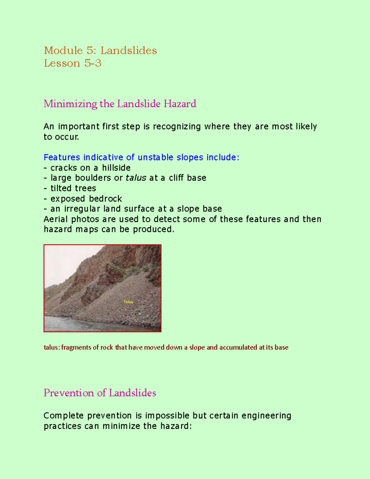 Lesson 5-3 - lecture 5 - Module 5: Landslides Lesson 5- Minimizing the ...