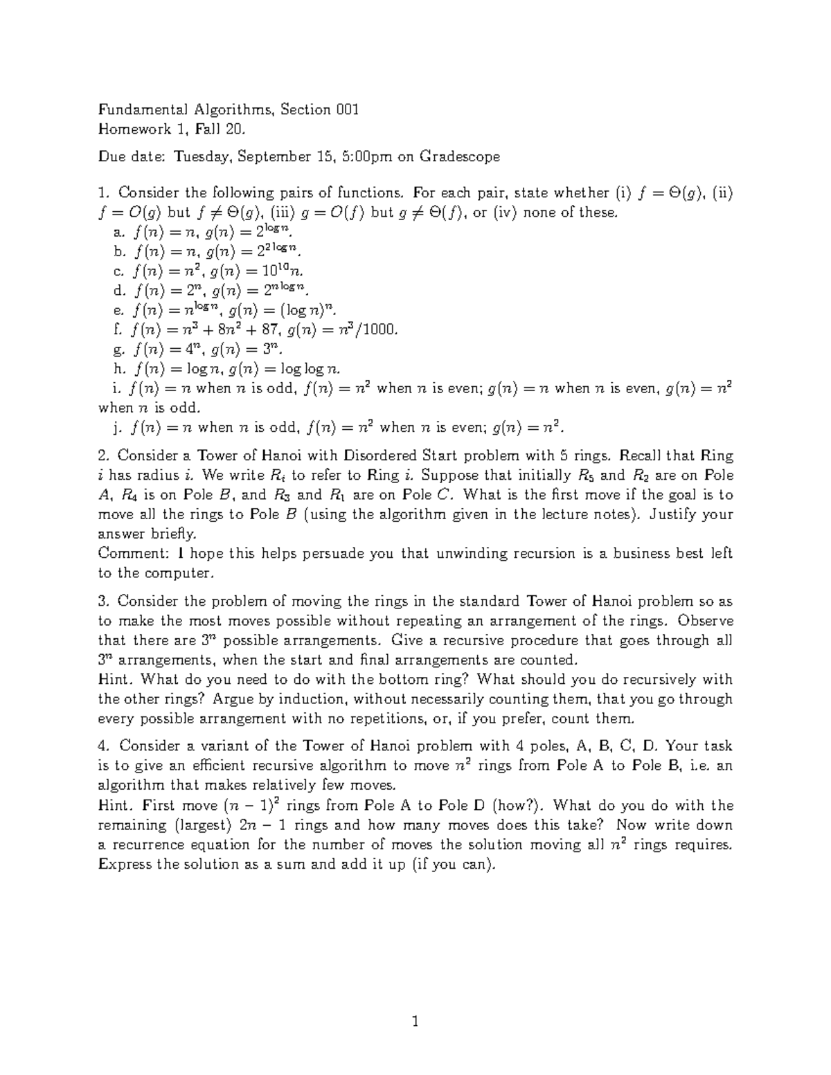 Homework 1 Fundamental Algorithms Section 001 Homework 1 Fall 20 Due Date Tuesday