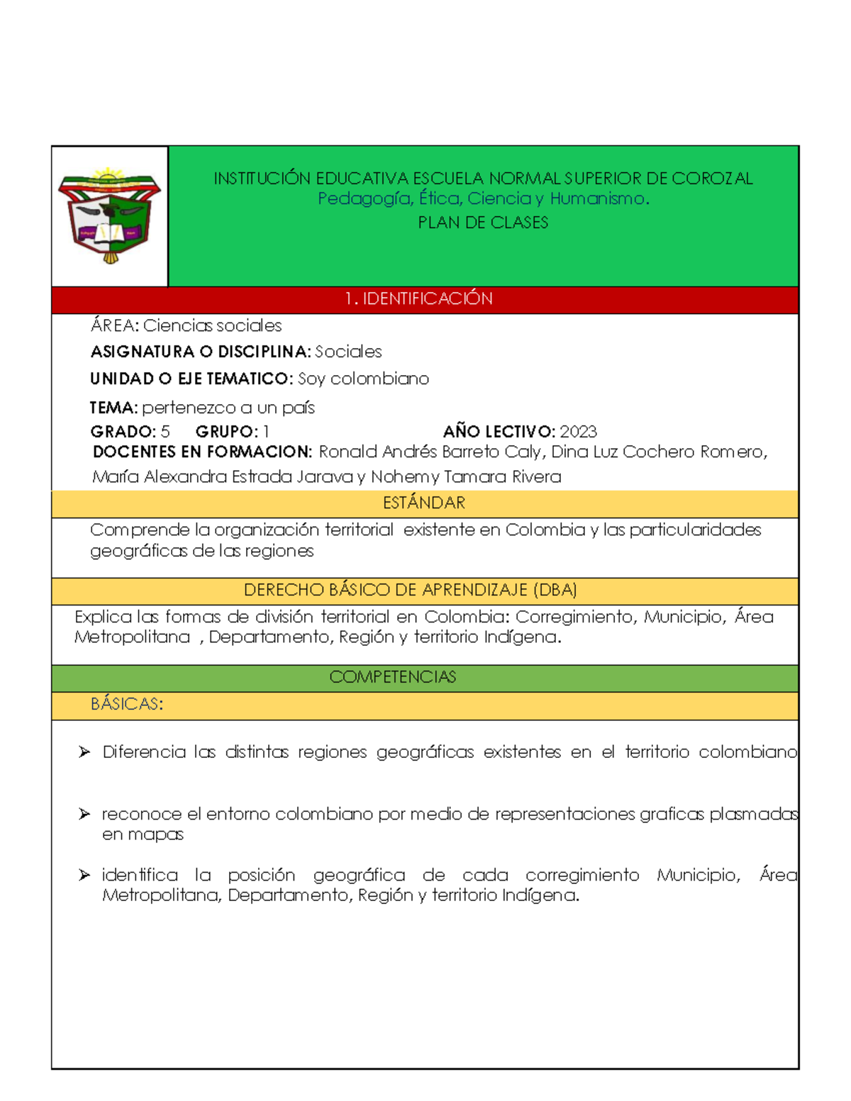 Plan de clase Sociales 2 - INSTITUCIÓN EDUCATIVA ESCUELA NORMAL ...