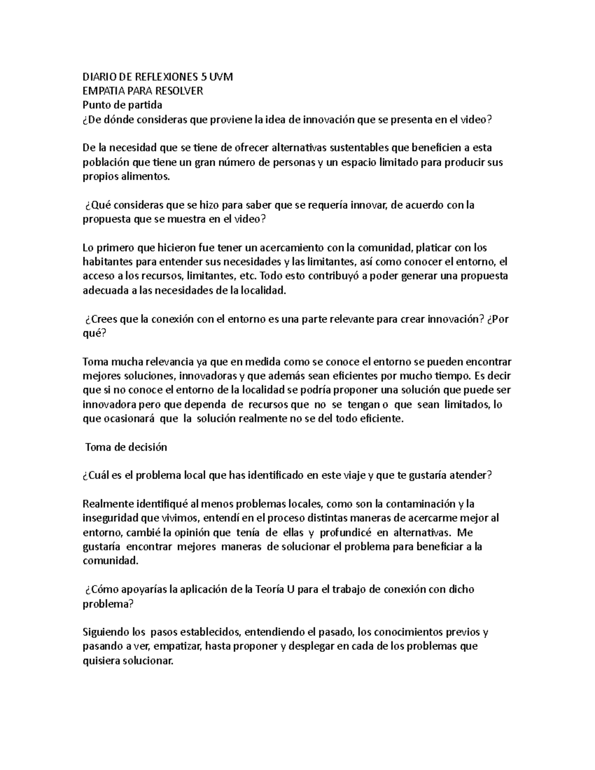Diario DE Reflexiones 5 UVM Empatia PARA Resolver - DIARIO DE REFLEXIONES 5 UVM EMPATIA PARA ...