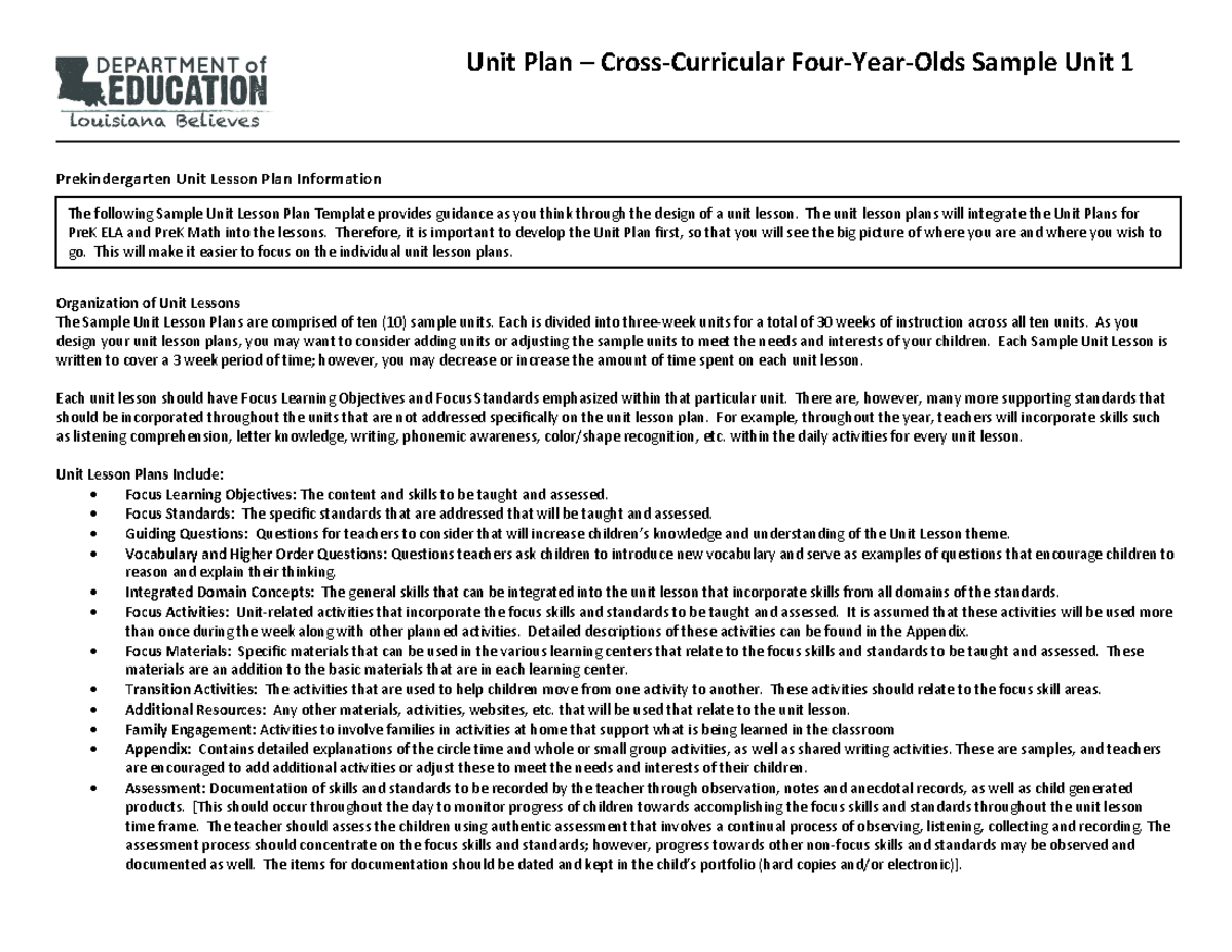Unit plan cross curricular four year olds sample unit 1 ...