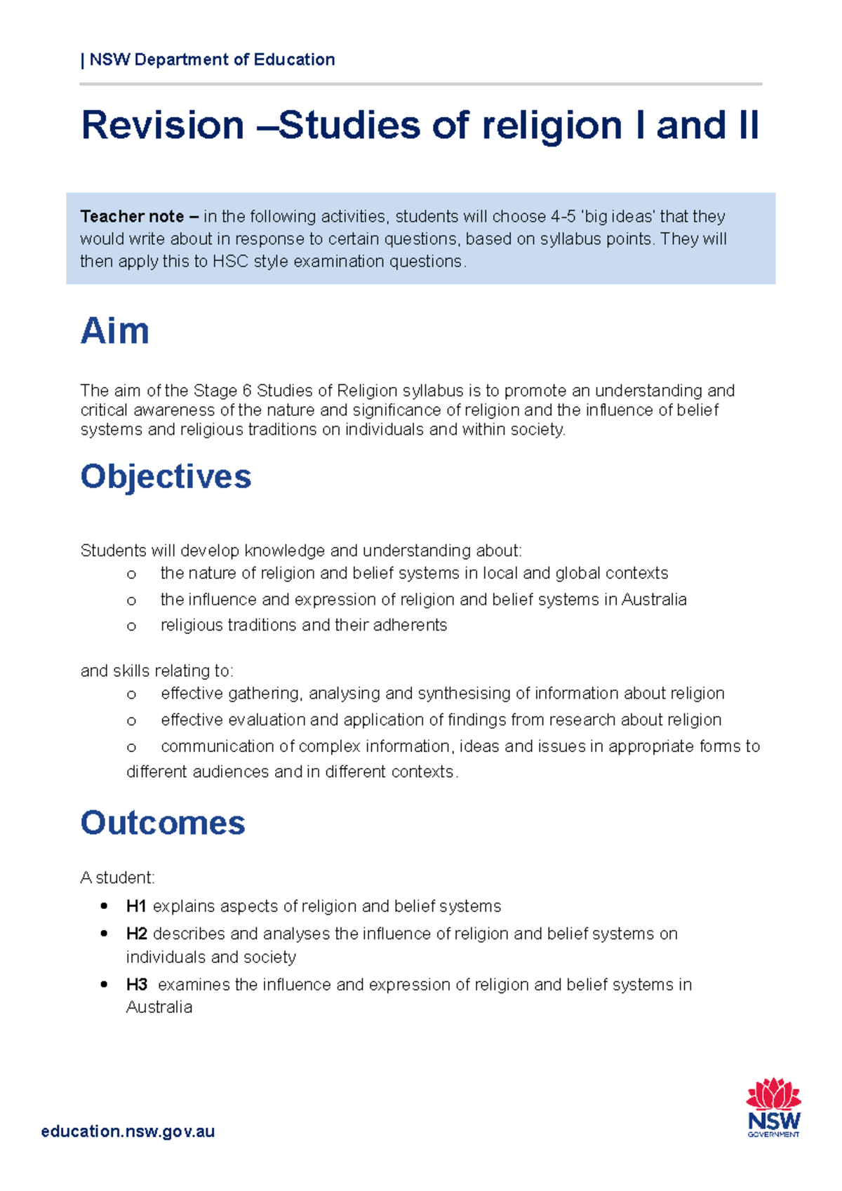 SOR revision: syllabus - | NSW Department of Education Revision –Studies of religion I and II ...