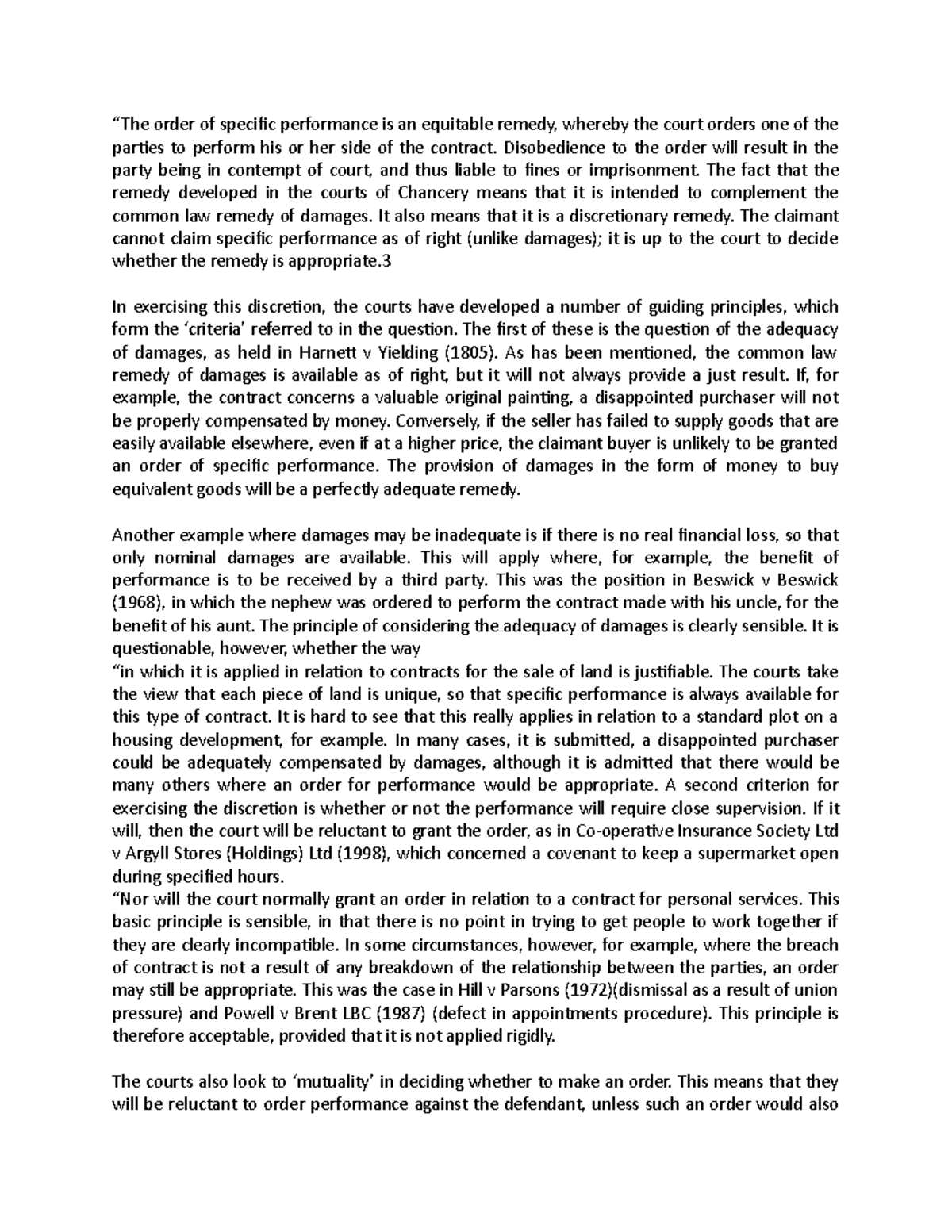 The order of specific performance is an equitable remedy - Disobedience ...