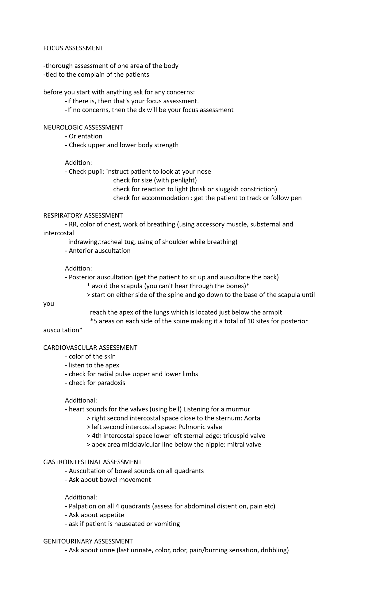 Focus Assessment - FOCUS ASSESSMENT -thorough assessment of one area of ...
