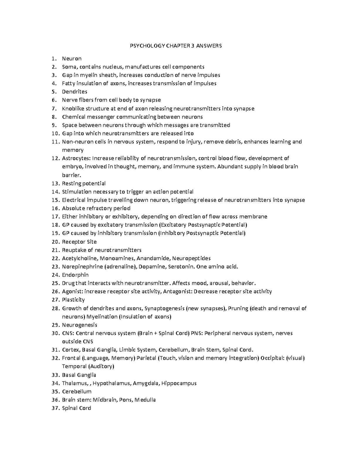 Psychology Chapter 3 Answers - PSYCHOLOGY CHAPTER 3 ANSWERS Neuron Soma ...