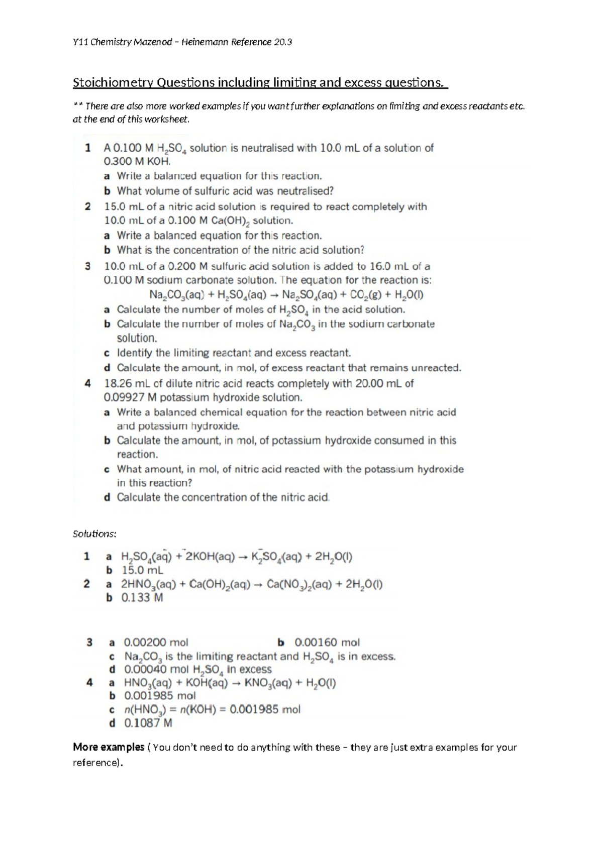 Stoichiometry Questions including limiting and excess questions - Y11 ...