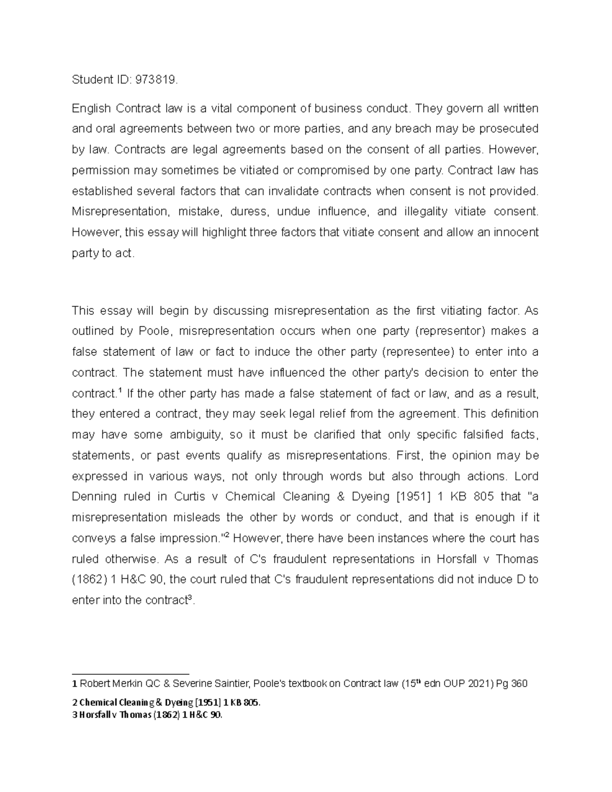 Essay 2 - Student ID: 973819. English Contract law is a vital component ...