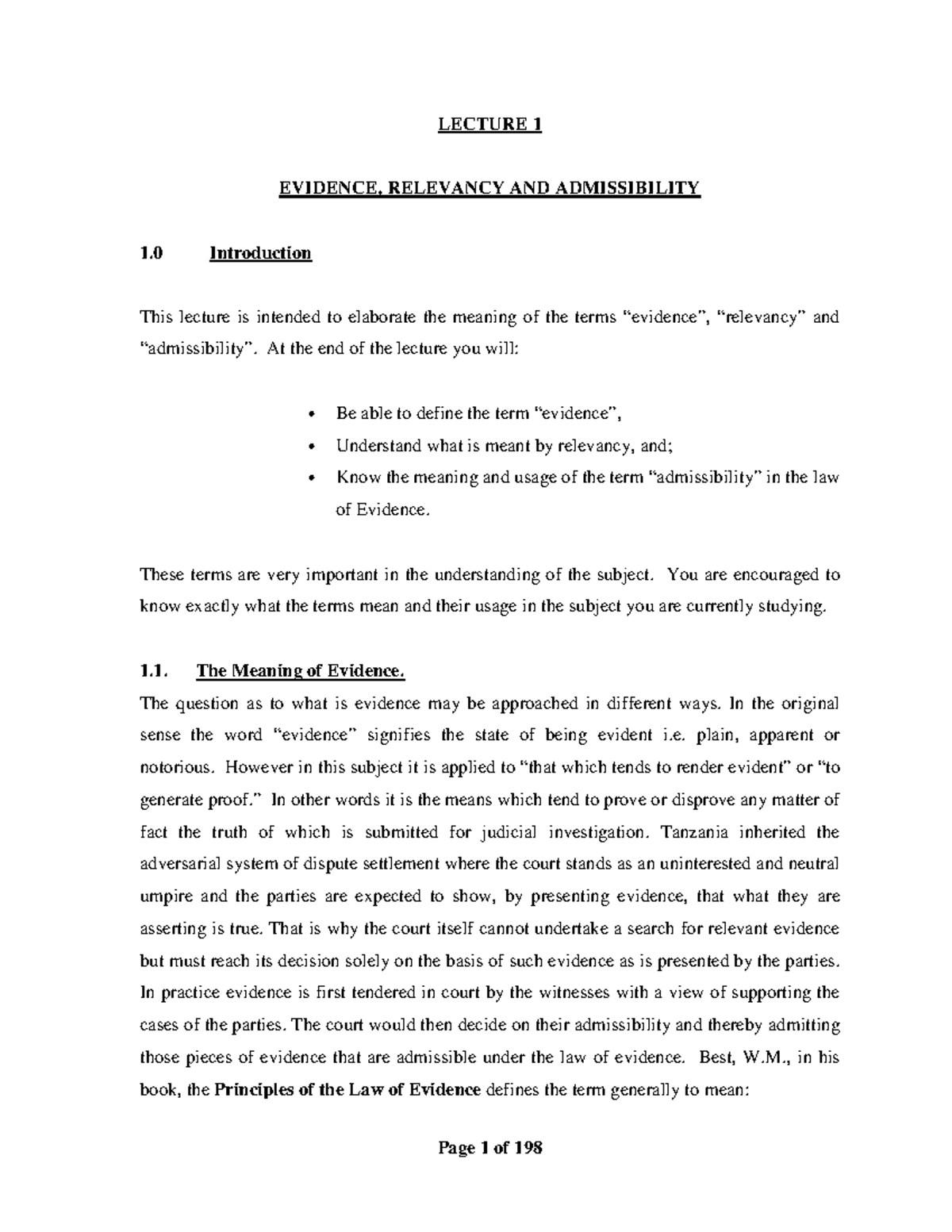Manual Evidence law - Lecture notes 1-30 - LECTURE 1 EVIDENCE ...